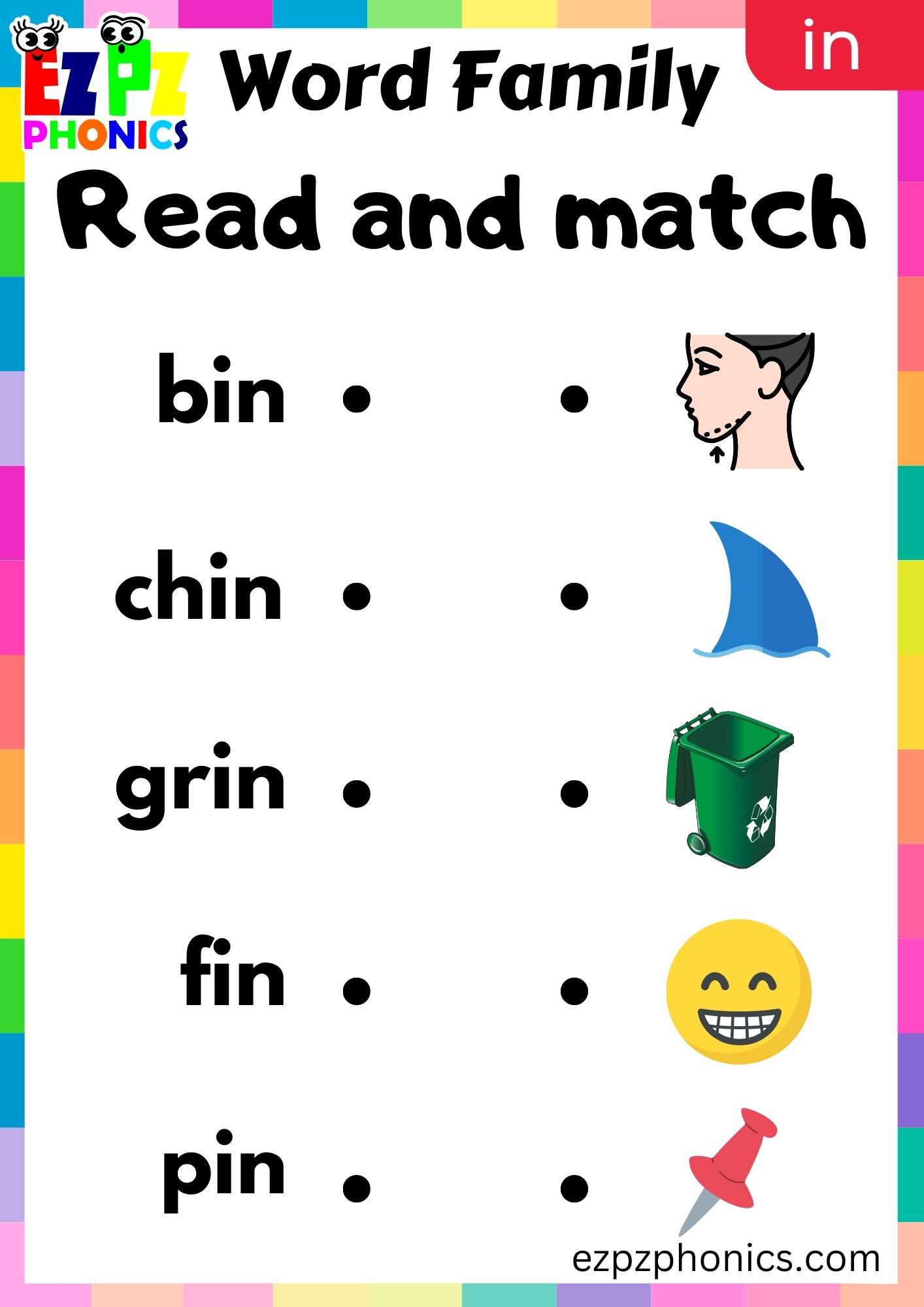 IN Words Read And Match Phonics Word Families Worksheet - ezpzphonics.com